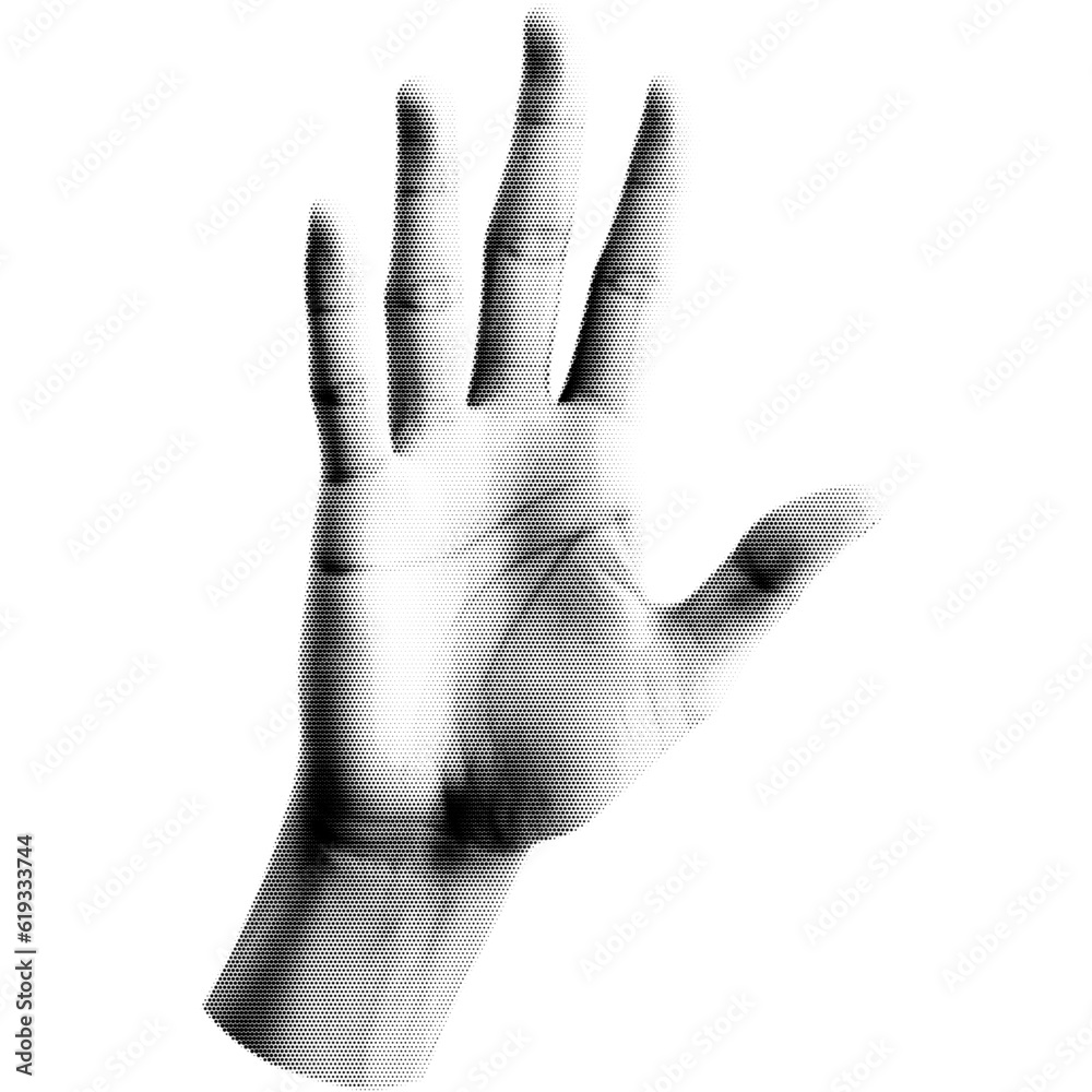 Halftone hand gesture as collage graphic element. Vintage punk grunge arm dotted pattern ...