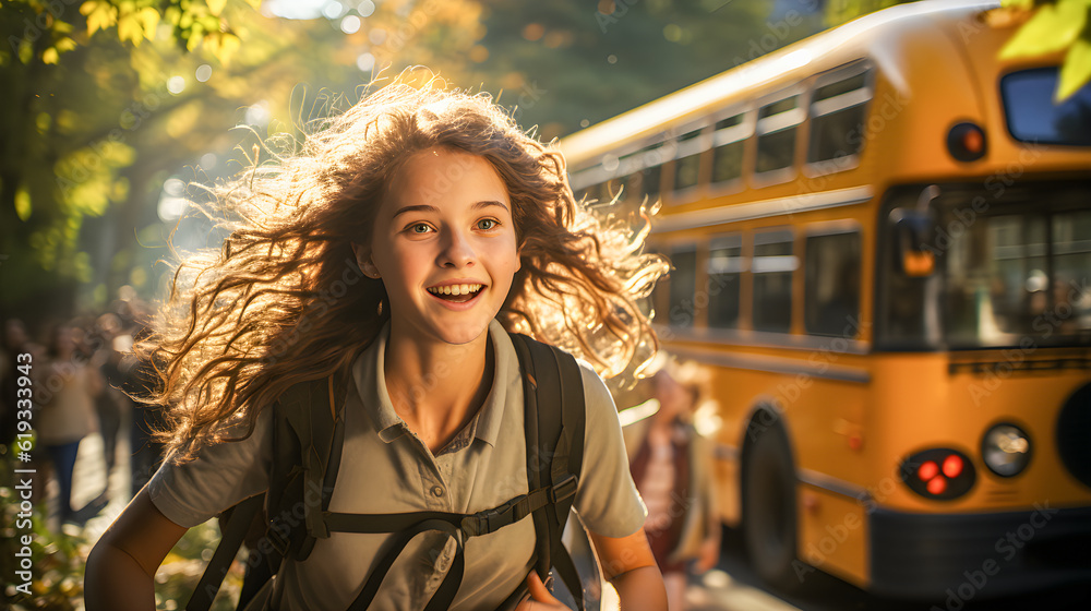 Smiling girl getting off the school bus running to school. First day of ...