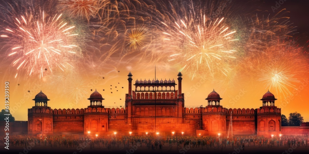 Red Fort at Night with Fireworks, India Tourism Attraction background ...