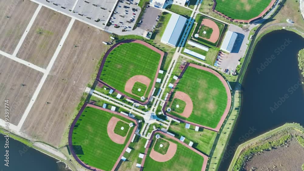 Top view of green baseball field diamond in open air ballpark in rural ...