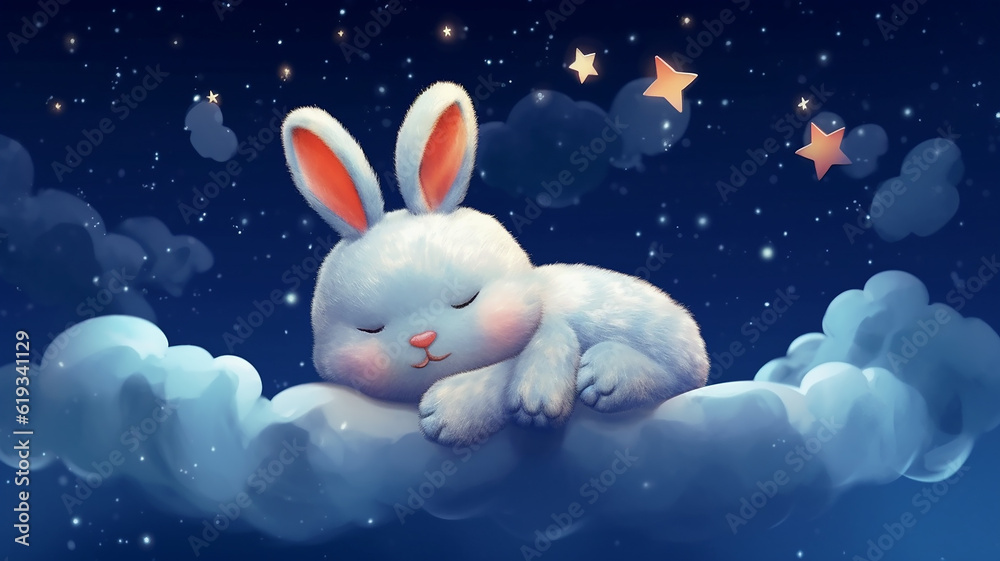 cute little bunny rabbit sleeping on a cloud watercolor drawing ...