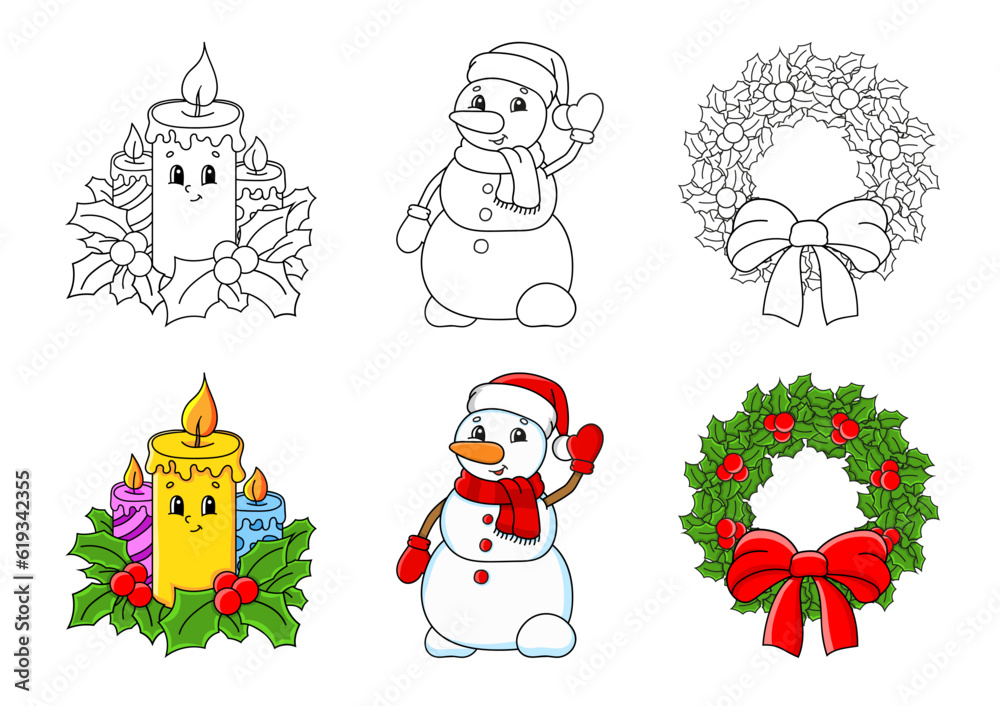Set coloring page for kids. Cute cartoon characters. Black stroke. With ...