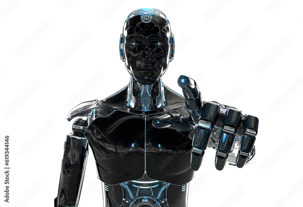 Isolated dark robot pointing finger. Futuristic cyborg using artificial ...