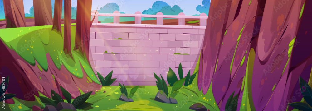 Brick wall and green plant on stone in forest vector background. Spring ...