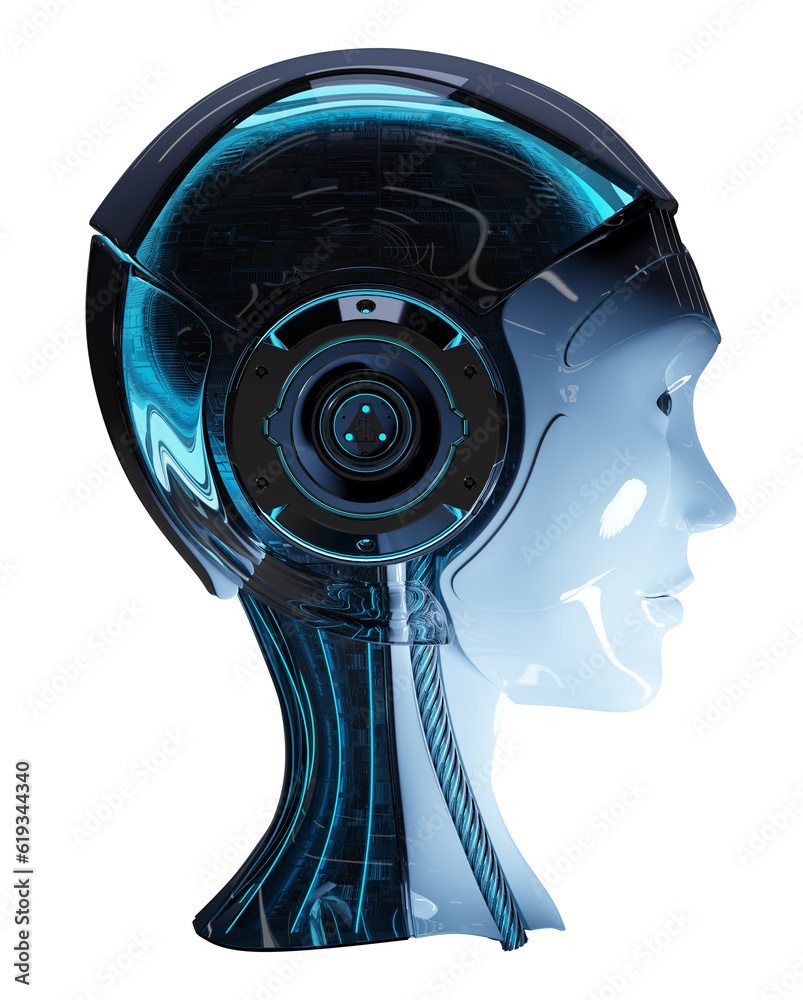 Isolated woman robot head with modern studio lights. 3d rendering of ...