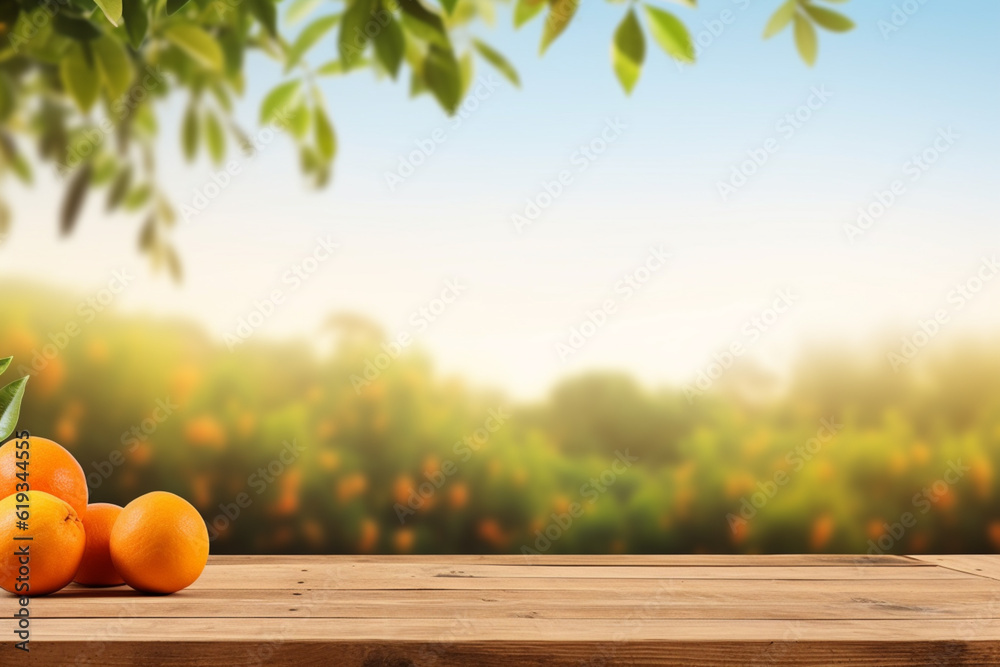 Empty wood table with free space over orange trees, orange field ...