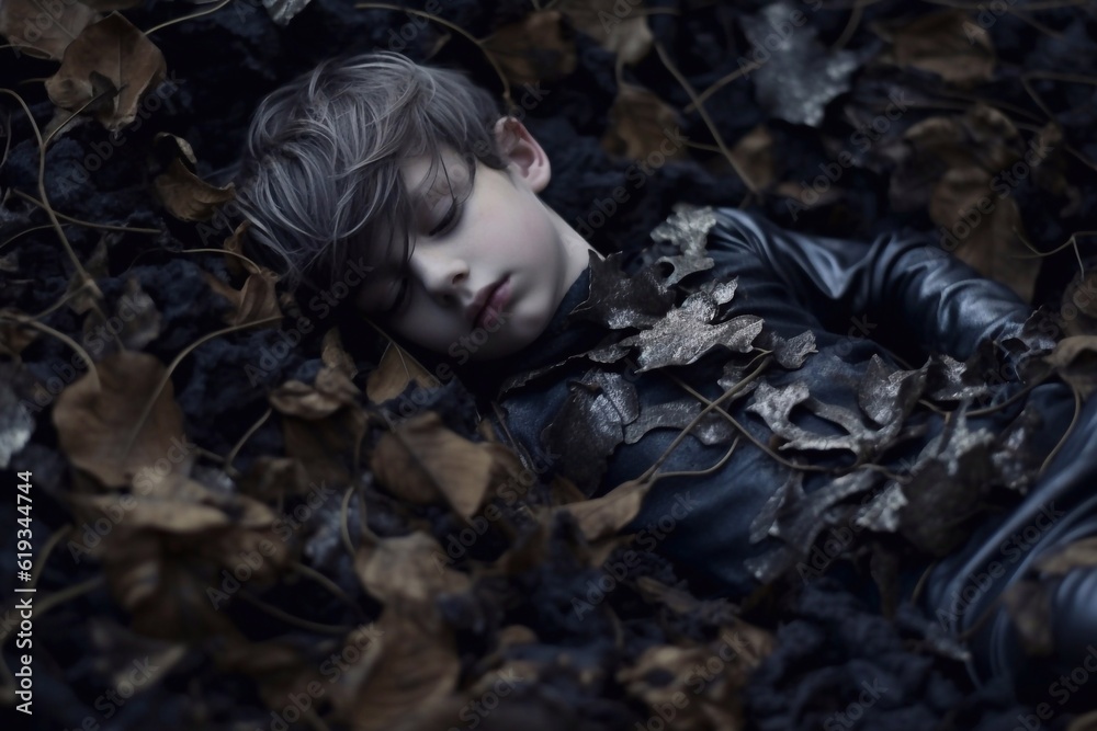 Dryad, a boy, dying in the forest, sleeping on fallen leaves, entwined ...