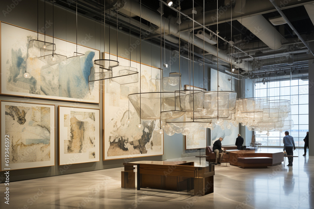 incorporating oversized vintage maps suspended from the ceiling, with ...