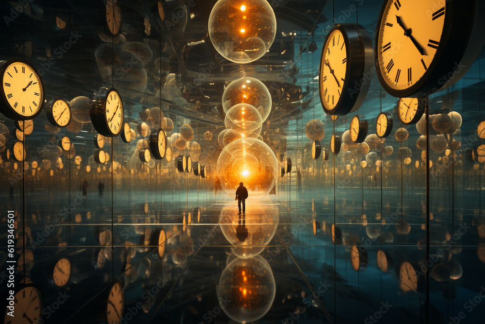 clocks set to different time zones, surrounded by mirrors, reflecting ...