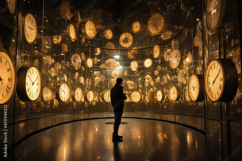 Ilustrace „clocks set to different time zones, surrounded by mirrors ...