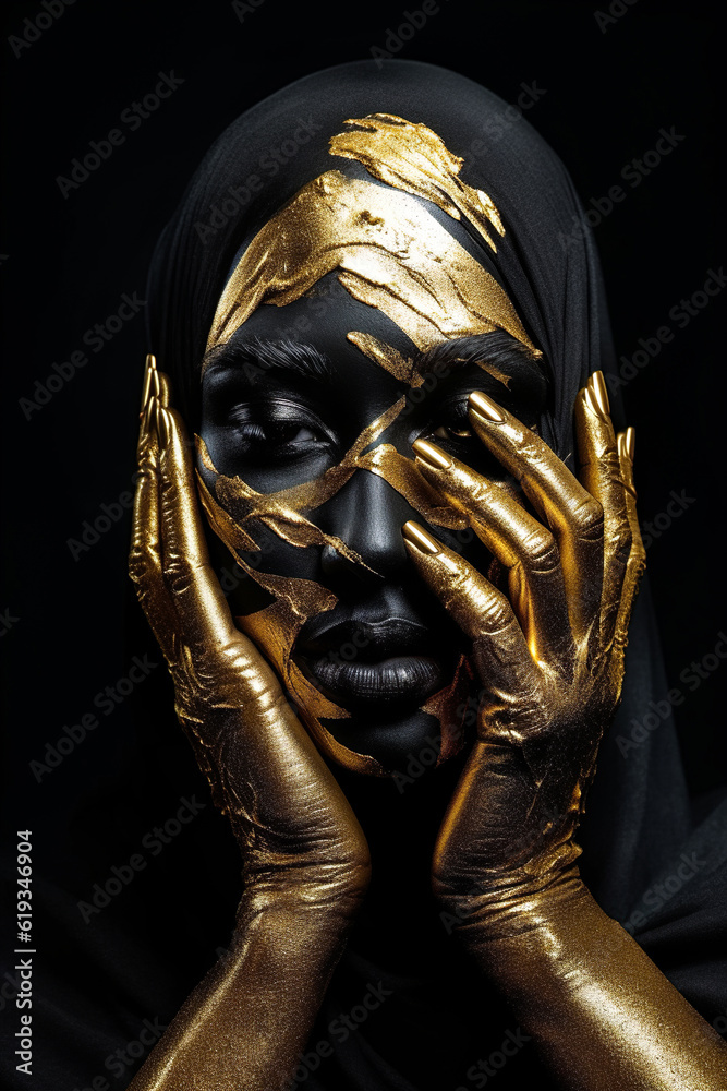 Portrait of a beautiful young girl with golden paint running down her ...