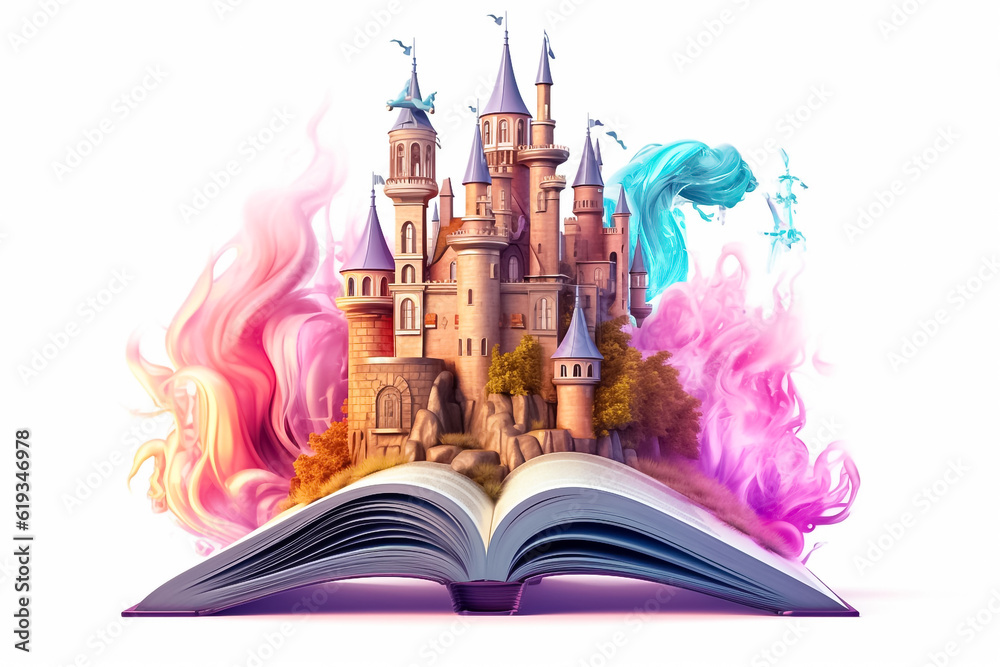 Open book with a fantasy world popping out. A castle illustration over ...