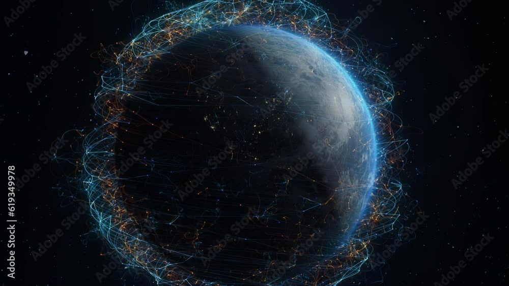 3D futuristic animation of digital lines over the Earth globe. Transfer ...