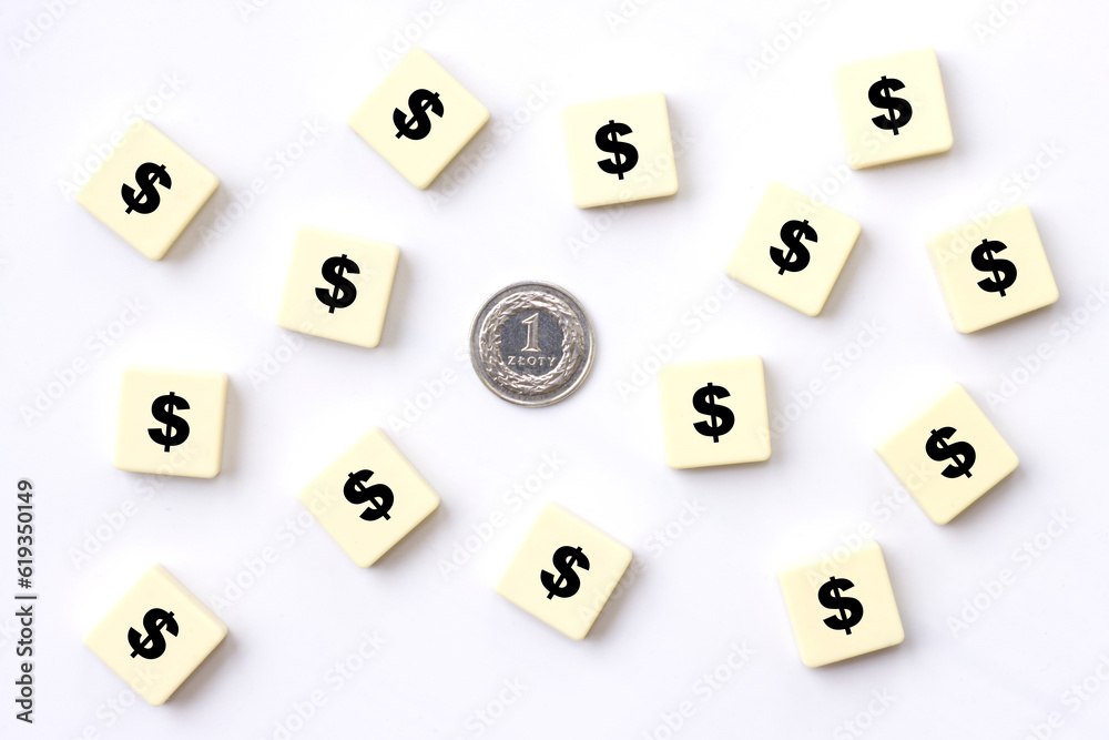 One Polish Zlotych on white background, blocks with black dollar symbol ...
