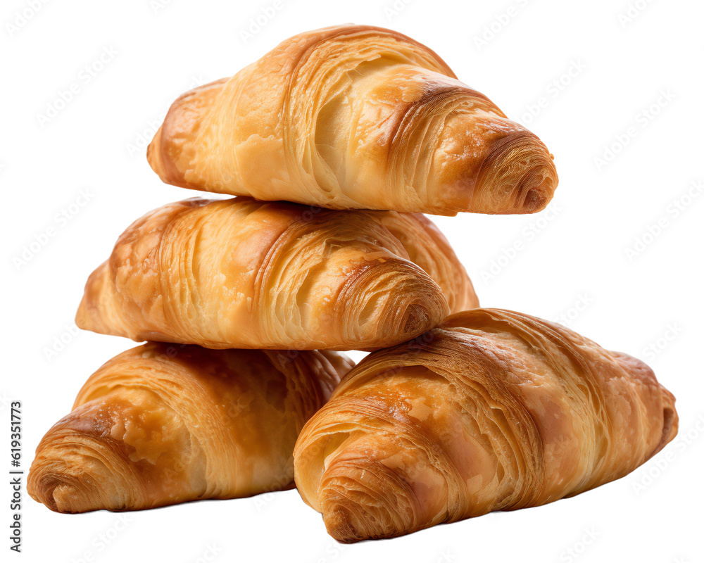 Many classic croissants lie on top of each other. A bunch of croissants ...