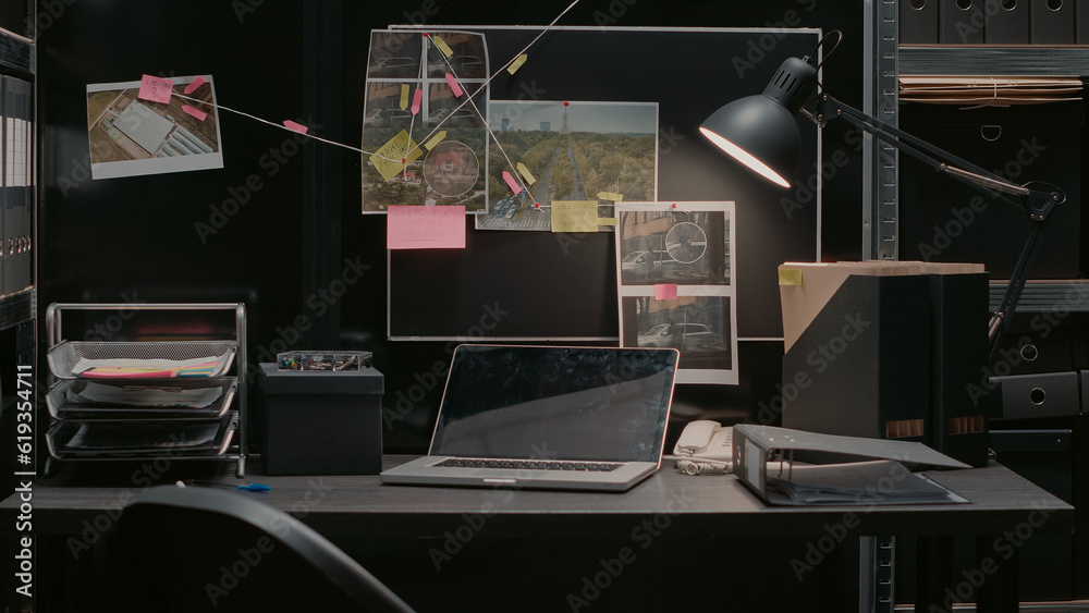 Criminal board with evidence in police archive office, crime scene ...