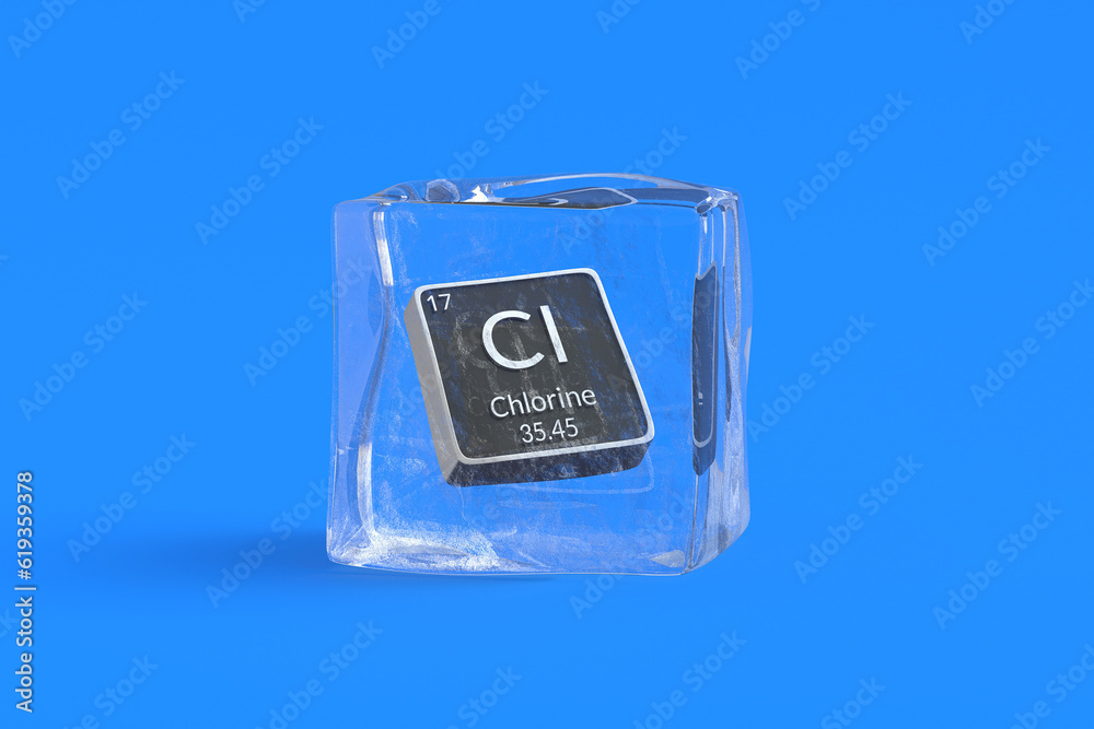 Chlorine Cl chemical element of periodic table in ice cube. Symbol of ...