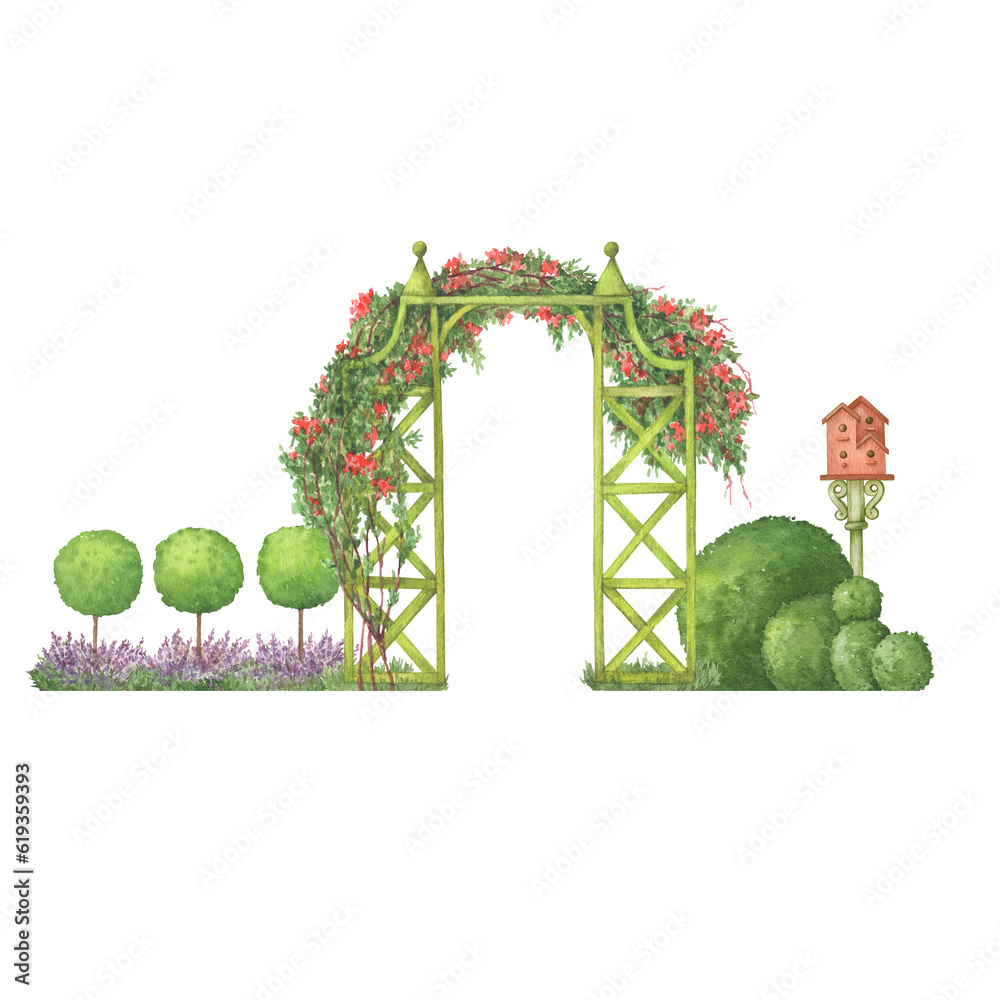 Green wooden garden arch trellis, overgrown with climbing rose flowers ...