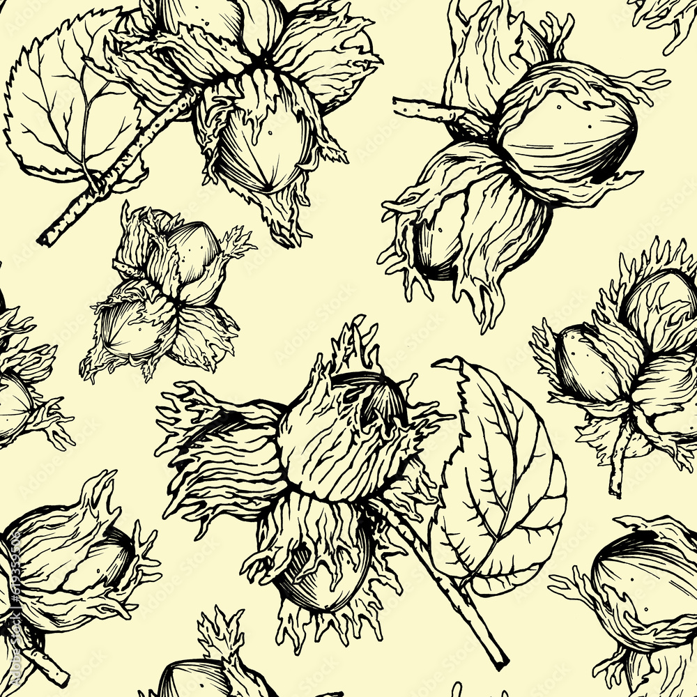 Seamless pattern with spiny husks and leaves (Corylus avellana, common ...