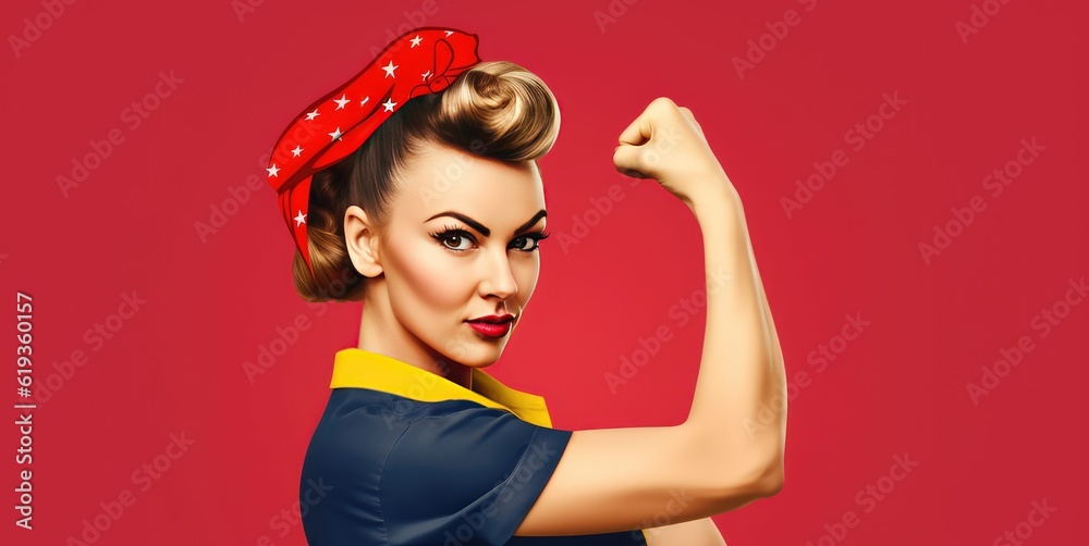 female strong woman with bandana on a red background, vintage americana ...