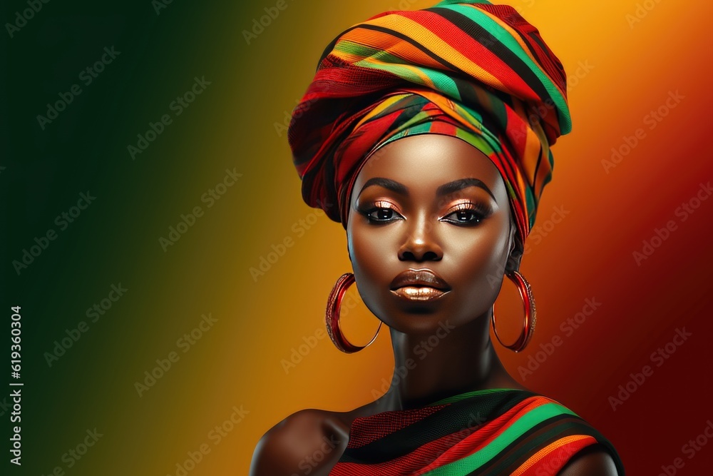 Young african woman in headdress or turban with colors of african flag ...