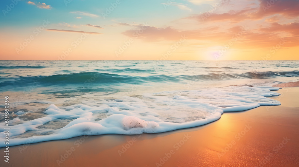 A peaceful beach scene of foamy waves crashing against the shore. The ...