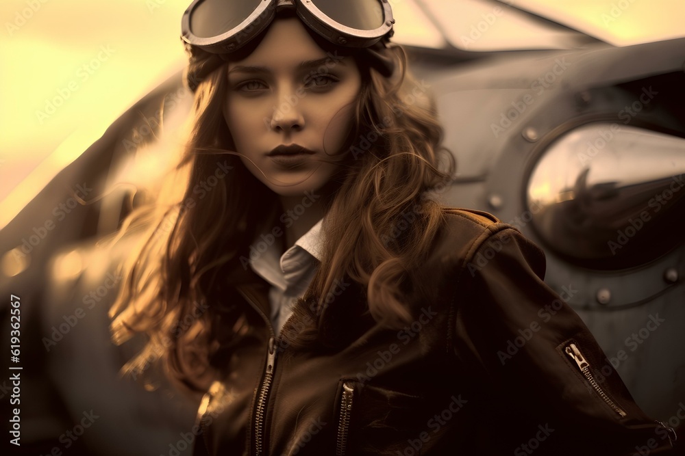 ww2 bomber pilot girl character with goggles posing next to a ww2 plane ...