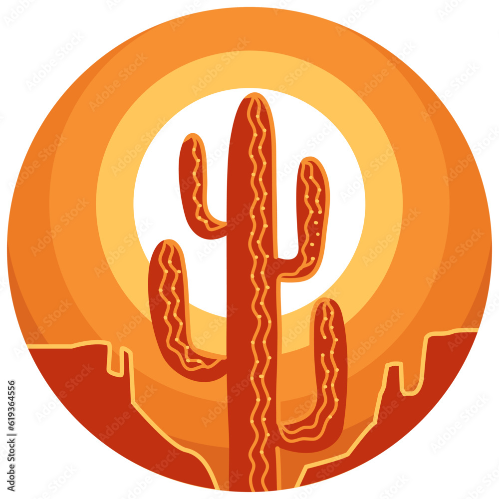 American Desert Round Emblem Vector Desert Landscape Illustration With Cactus And Yellow Sun