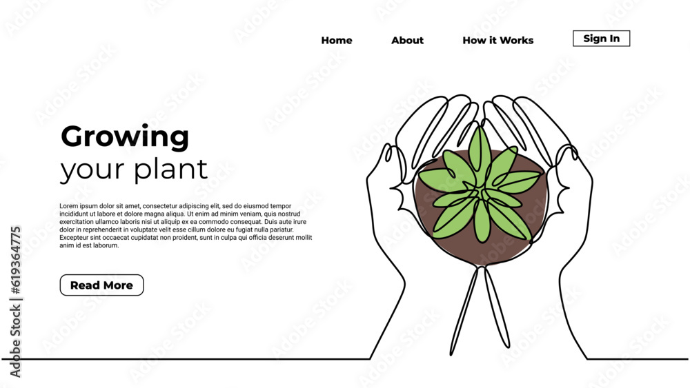Growing plant continuous one line drawing. Landing page template of ...