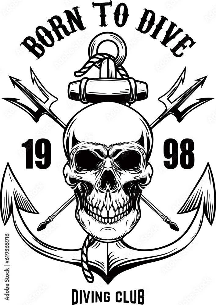 Vintage diver skull with anchor and tridents. Nautical sailor skull ...
