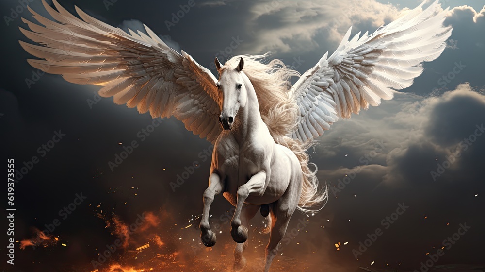 The mythic horse pegasus with white wings flying in the sky among ...