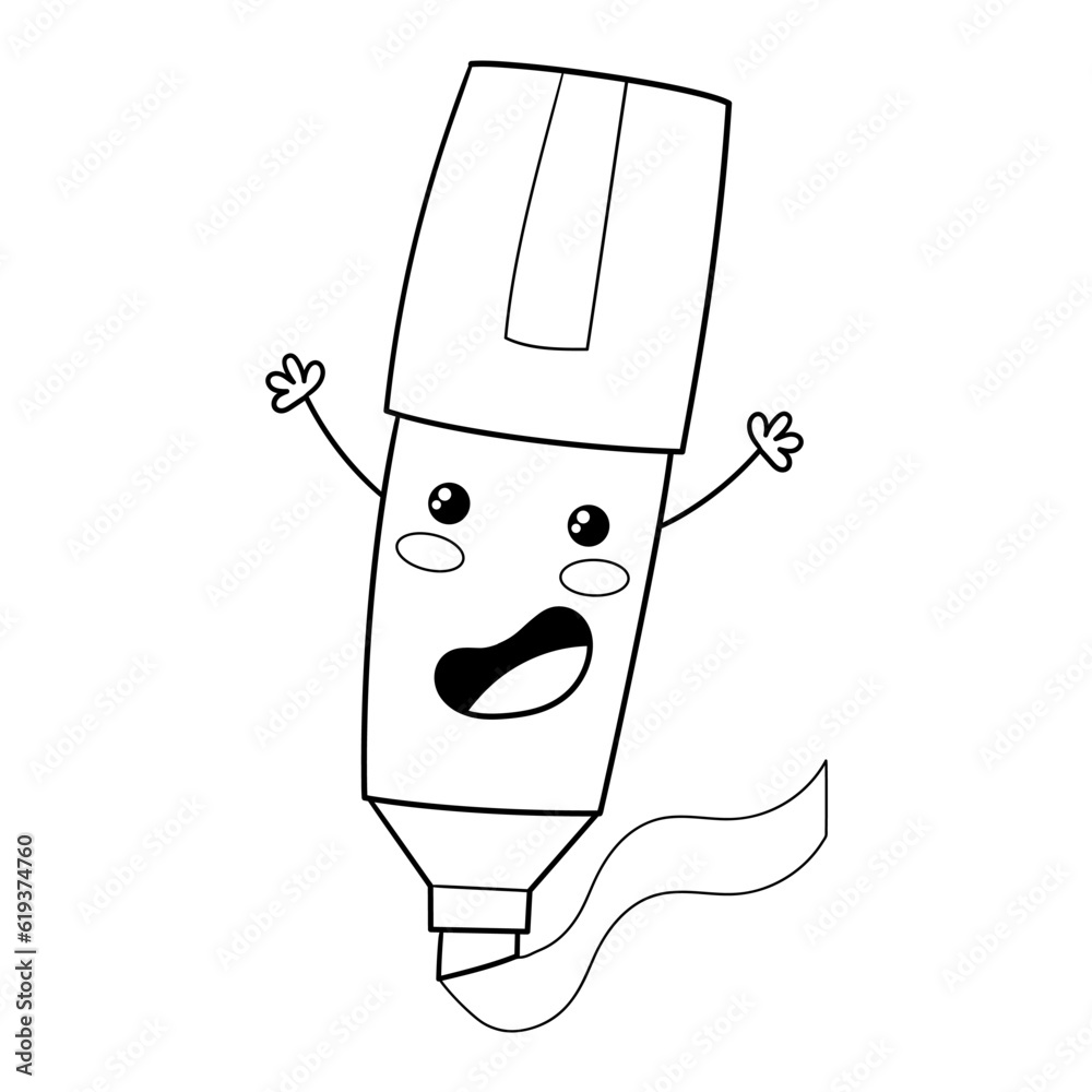 Illustration in black and white of a kawaii style highlighter pen ...