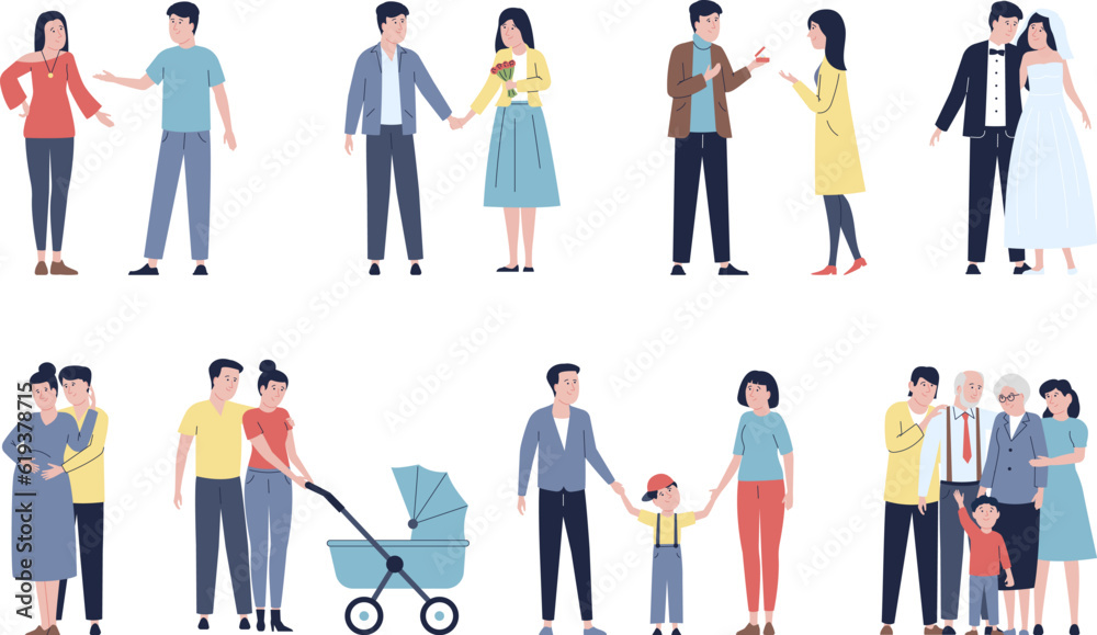 Cartoon family stages characters. Student couple, parents with child ...