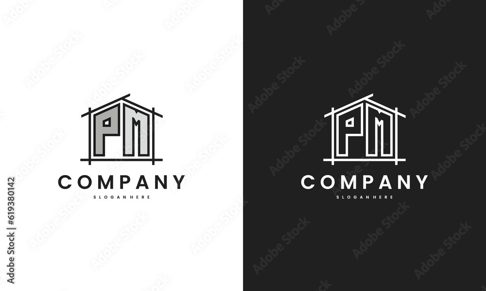 Initial PM home logo with creative house element in line art style ...