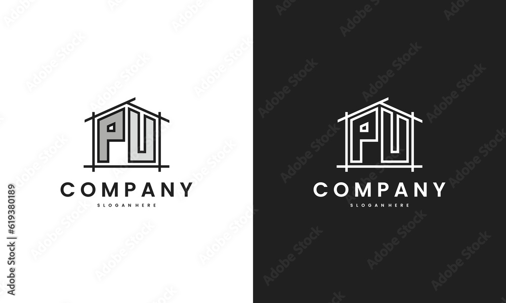 Initial PU home logo with creative house element in line art style ...