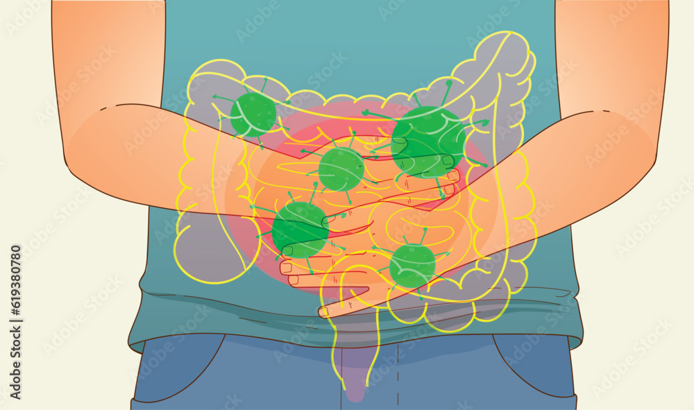 Human with a health problems. Colic. Dairea. Food poisoning. Bacteria ...