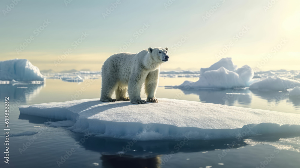 Polar bear stranded standing on melting glacier, affected by climate ...