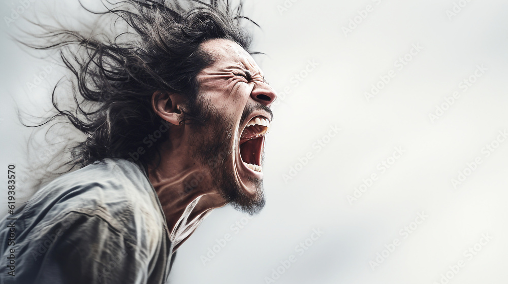 Roaring man, side view, white gradient background. Generative AI image ...