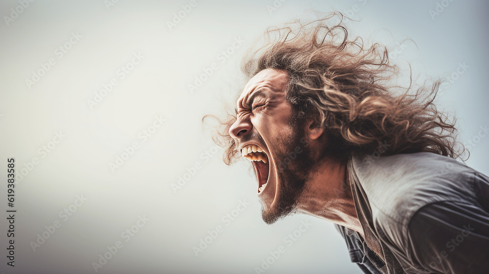 Roaring man, side view, white gradient background. Generative AI image ...