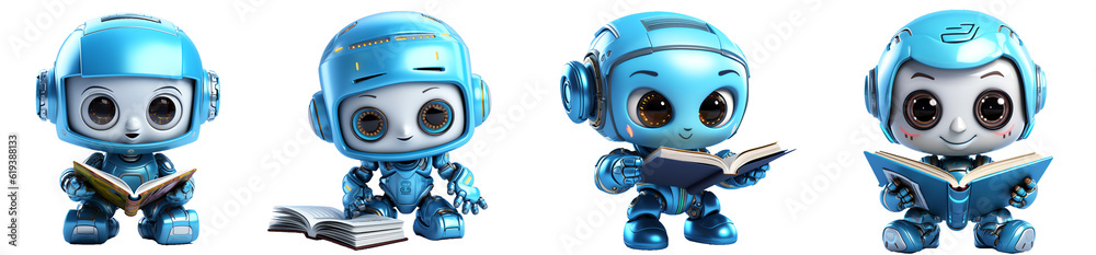 Collection of cute robots reading a book, set of little humanoids ...