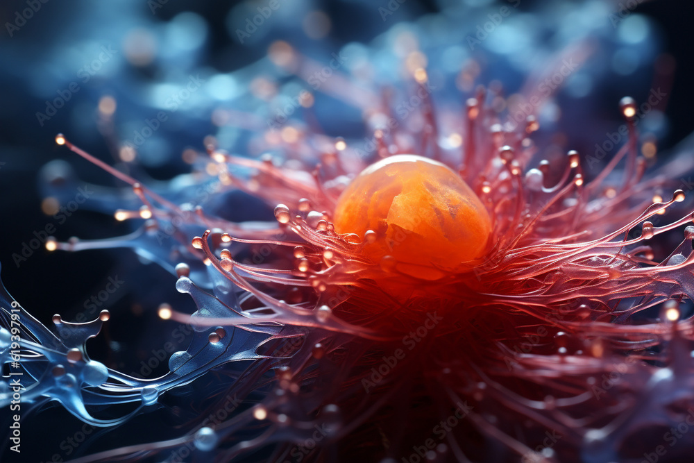 Close-up image of a human cell nucleus with chromatin strands, cytology ...