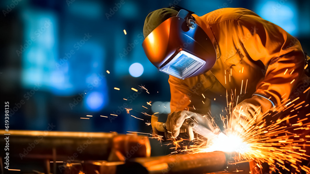 Welder is welding metal. Worker wearing industrial uniforms and Welded ...