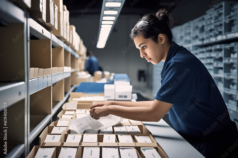 A factory worker organizing inventory and materials in the warehouse ...