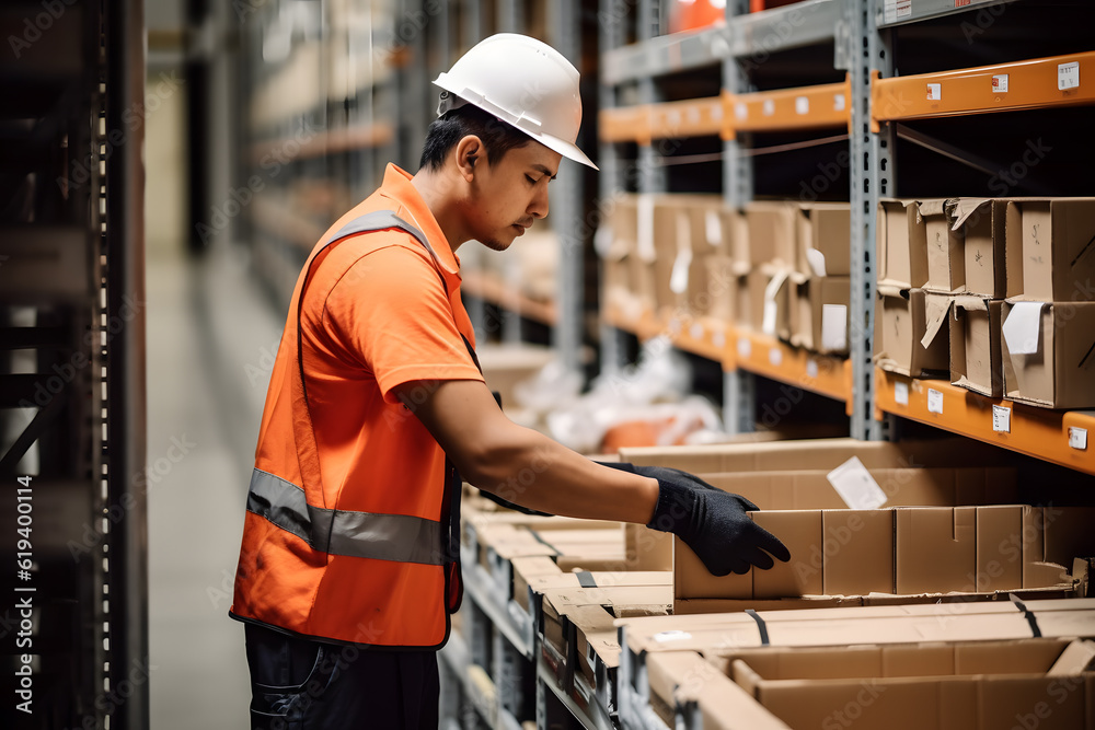 A factory worker organizing inventory and materials in the warehouse ...