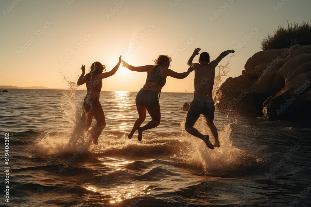 Seaside Leap: Friends Embracing the Sunset as They Jump Into the Sea ...