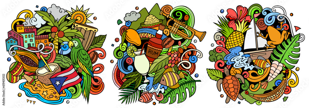 Puerto Rico cartoon vector doodle designs set. Colorful detailed compositions with lot of puerto ...