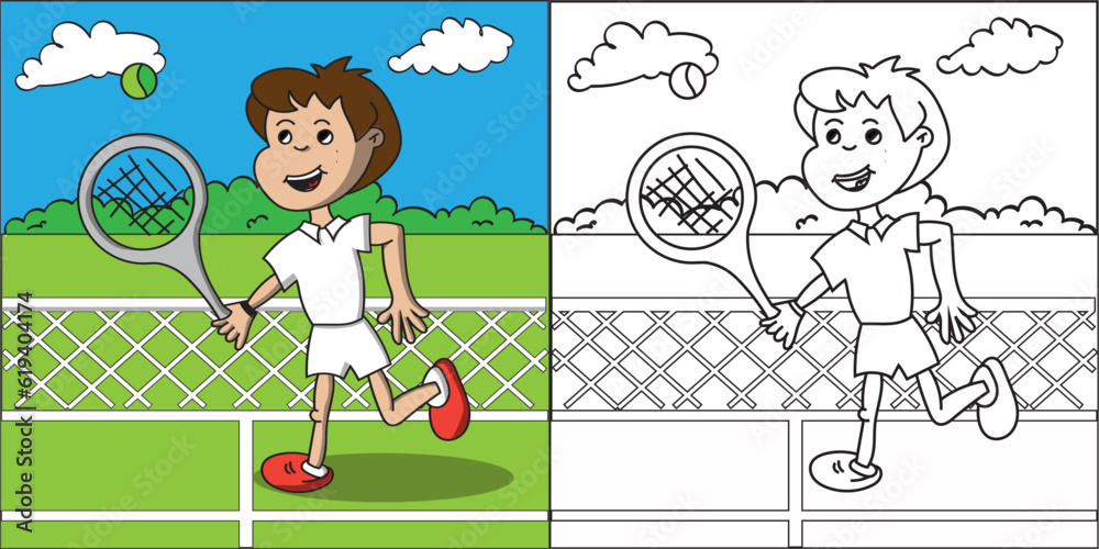Coloring page of a boy playing tennis. Illustration for coloring page ...
