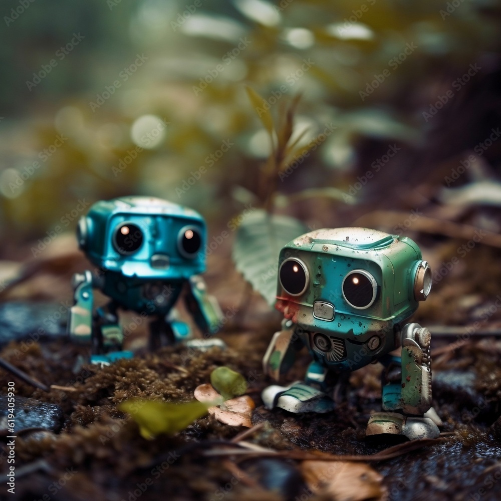 AI generated illustration of two toy robots stand side by side in a nature environment Stock ...