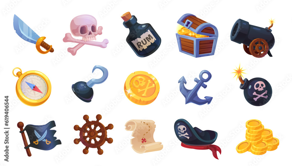 Pirate game icons. Pirate gear 3d object, old-pirate-collection ...