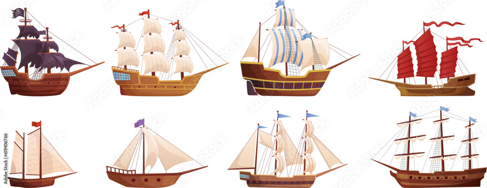 Old wooden ships. Cartoon sailing ship, wind sail boat pirate frigate ...